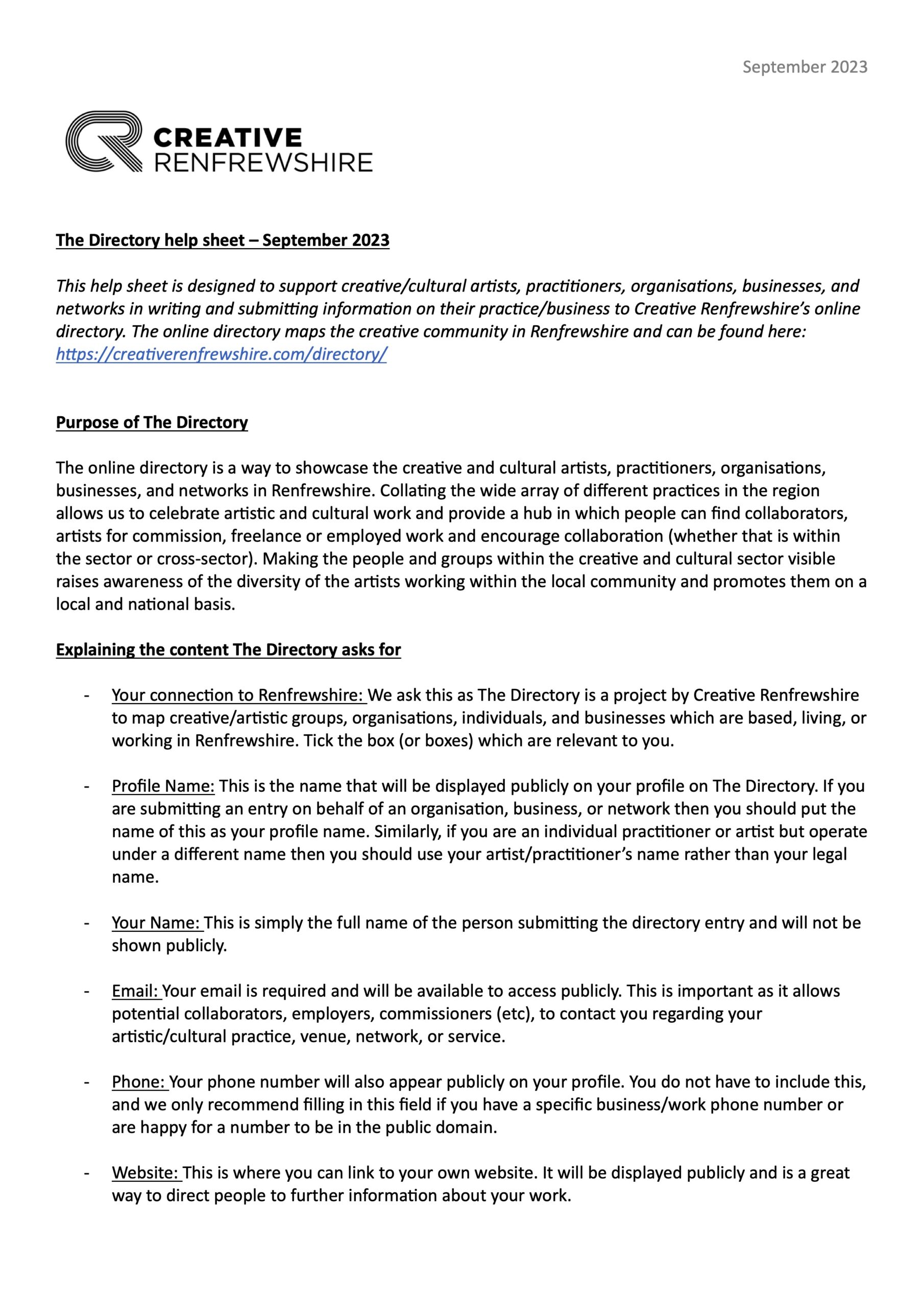 The Directory: help sheet